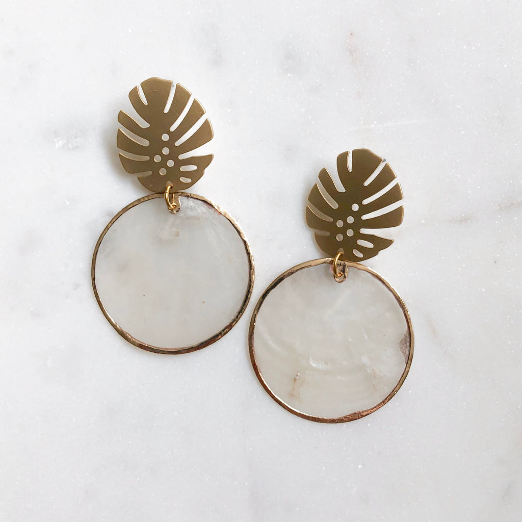 Gold Monstera Leaf Capiz Shell Statement Earrings – Alexandra Kathlyn ...